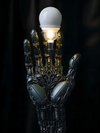 Robot hand with light bulb on black background.の写真素材 [40220377904]｜毎月1点 ...