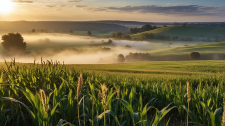 Morning fog over corn field in the countrysideの写真素材 [40228217937]｜毎月1点 ...