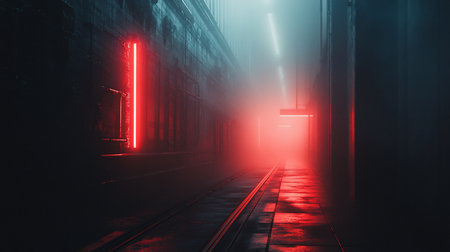 A dark, atmospheric image of an underground tunnel illuminated by red ...
