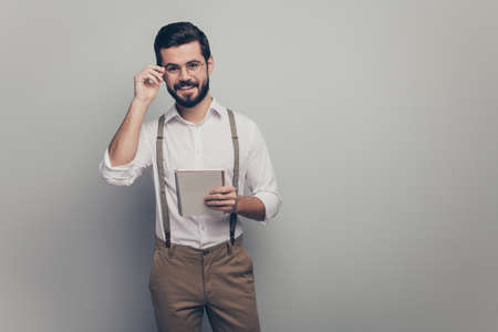 Confident positive cool smart young high school professor assistant man ...