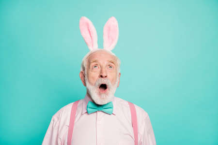 Close up photo astonished old man gentleman easter party event look up ...