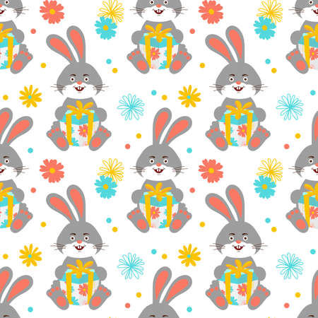 Cartoon bunny pattern, Cute rabbit holds a gift pattern seamless. Happy ...