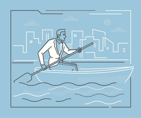 Businessman rowing a boat - line design style illustration on blue ...