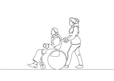Continuous one line drawing. Volunteer pushing wheelchair with disabled ...