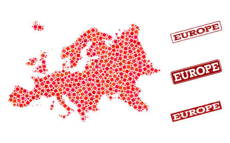 Geographic collage of dot mosaic map of Europe and red rectangle grunge ...