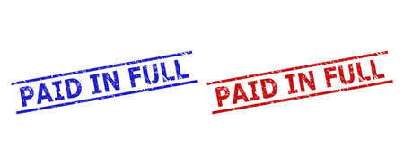 Blue and red PAID IN FULL stamp seals on a white background. Flat ...