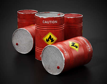 Red barrels with caution flammable warning text and fire symbol ...