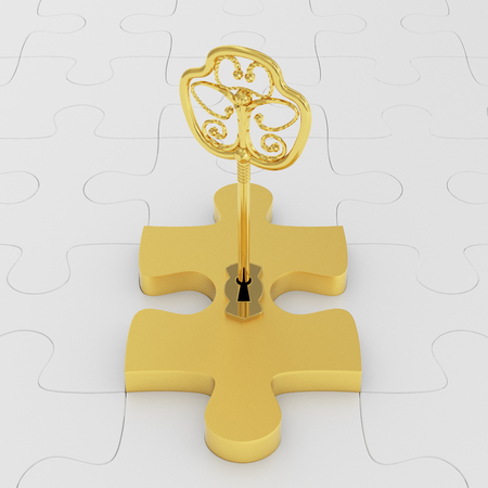 Golden key and puzzle. 3d render - Stock Image - Everypixel