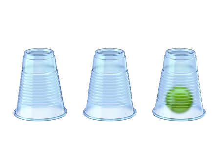Shell Game three transparent cups and green ball 3D render illustration ...