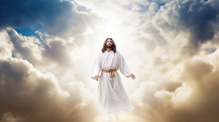 Jesus in robe stands with hands wide raised to heaven calling on people ...