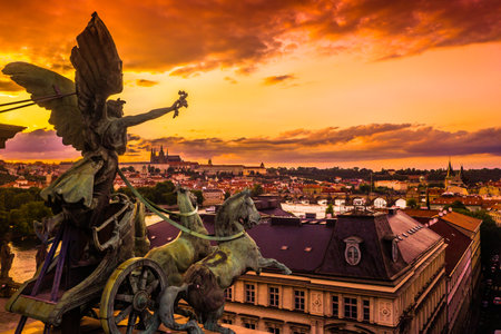 An aerial view of Prague's historic rooftops, showcasing the city's ...