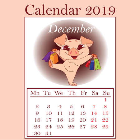 Stylized hand-drawn monthly 2019 calendar with funny pigs. Cartoon ...