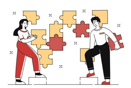 Partnership and teamwork concept. Man and woman stand on platforms and ...