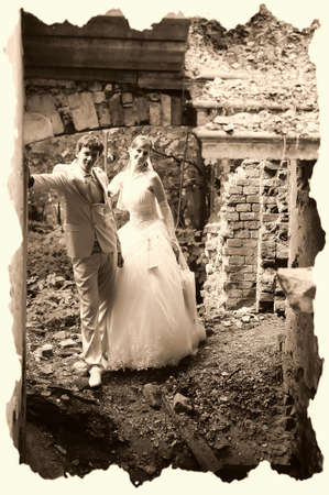 the bride and groom on the ruins - Stock Image - Everypixel