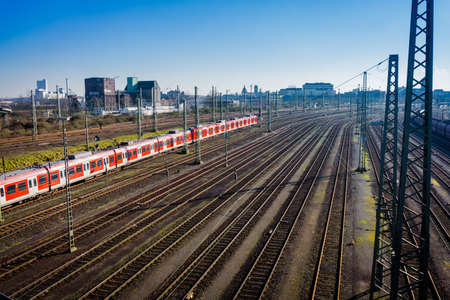 passenger train. Red train on tracks - Stock Image - Everypixel