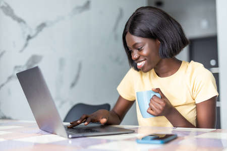Smiling african woman using laptop computer while sitting at home with ...