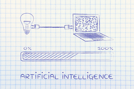 artificial intelligence: lightbulb and laptop connected by plug, with ...