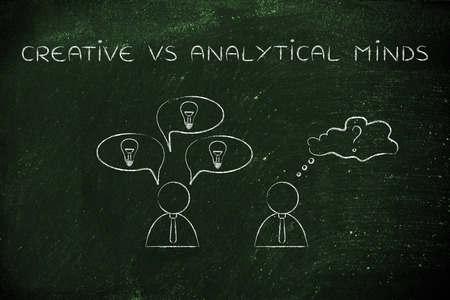 creative vs analytical minds: man reacting with plenty of ideas and ...