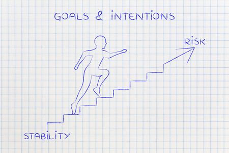 stability or risk: metaphor of man climbing stairs fast and choosing to ...