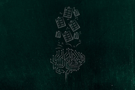 genius mind conceptual illustration: digital brain with to do lists ...