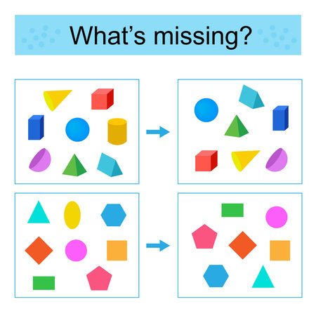 Puzzle game for kids. Task for the development of attention and logic. Find the missing geometric shape. vector illustration. FY310206242492