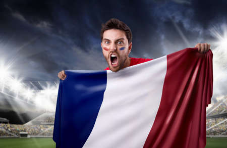 Fan holding the flag of France in the stadium - Stock Image - Everypixel