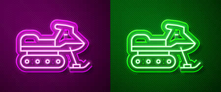 Glowing neon line Snowmobile icon isolated on purple and green ...
