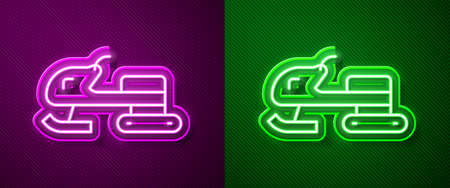 Glowing neon line Snowmobile icon isolated on purple and green ...