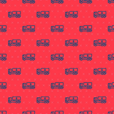 Blue line Tanker truck icon isolated seamless pattern on red background ...