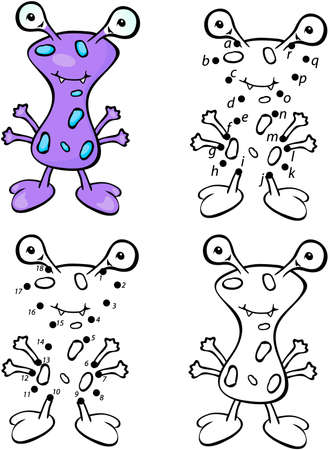 Cartoon purple alien. Vector illustration. Coloring and dot to dot ...