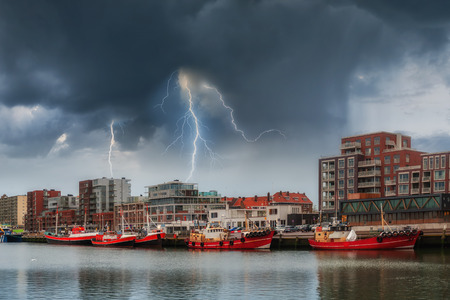 Landscape with ships at pier and lightning, stormy weather, Den Haag ...
