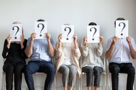 Unemployed professional business people candidates group sit on chairs ...