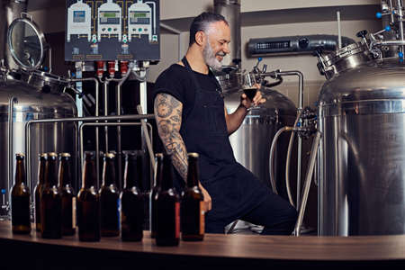 Elderly brewing businessman drinking his products in brewery - Stock ...