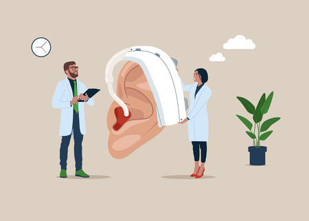 Hearing Device concept. Women and man check big ear. Modern methods of ...