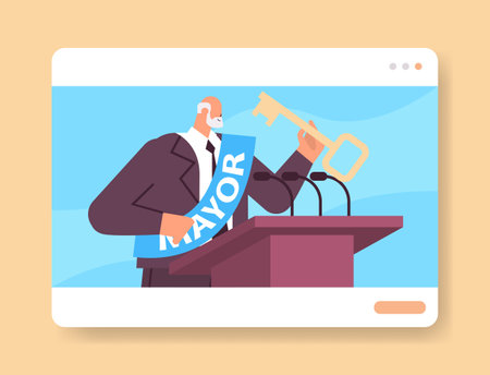 mayor with key giving speech from tribune in web browser window public ...