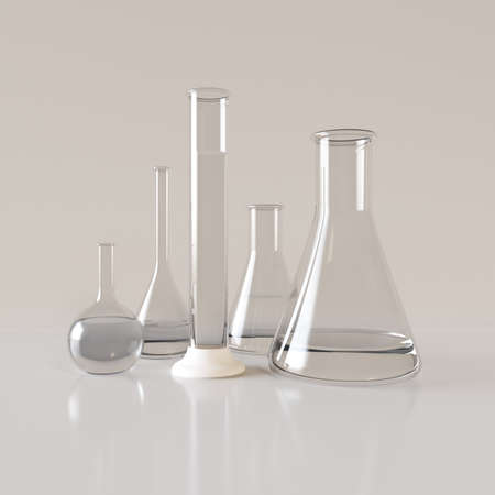Glass products. Realistic glass chemical containers with liquid ...