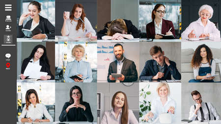 Group video chat. Virtual meeting. Corporate telework. Collage of ...
