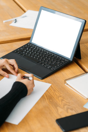 Online education. Digital mockup. Virtual technology. Unrecognizable ...