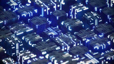 Metallic cubes with blue illumination. Futuristic cosmic technology ...