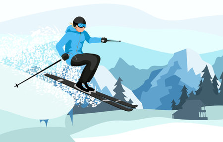 Skier jumping from mountain slope. Winter sports activities on skis in ...