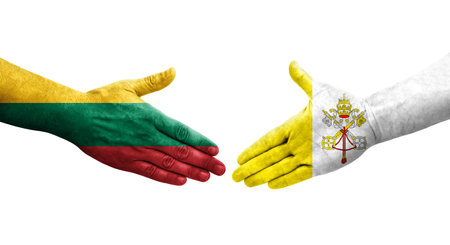Handshake between Holy See and Lithuania flags painted on hands ...