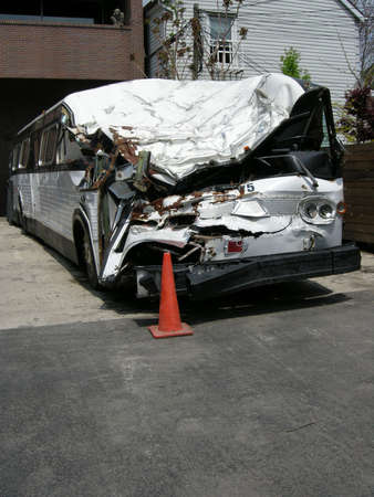 Smashed up bus in scrap yard after being totalled from an accidentの写真素材 ...