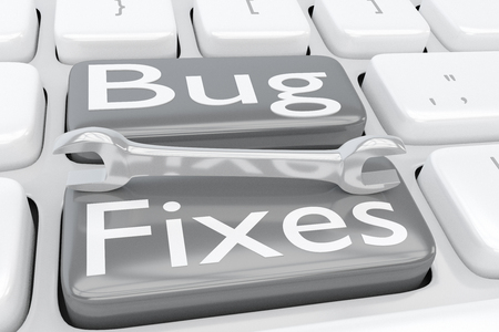 3D illustration of computer keyboard with the script Bug Fixes on two ...