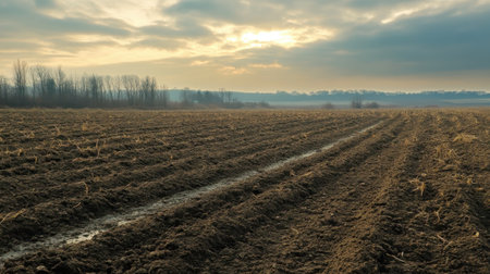 Desolate farmland with degraded soil and erosion, illustrating the ...