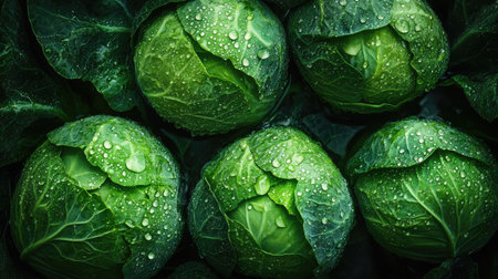 Fresh green cabbages glistening with raindrops, showcasing their ...