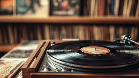 Vintage vinyl records scattered around a classic turntable, with pop ...