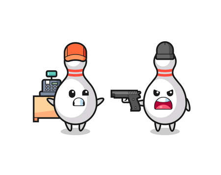 illustration of the cute bowling pin as a cashier is pointed a gun by a ...