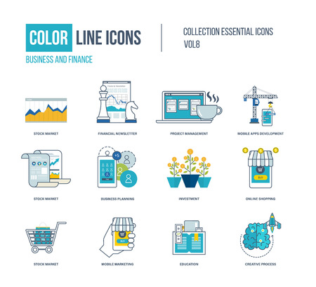 Color thin Line icons set. Stock market, financial newsletter, project ...