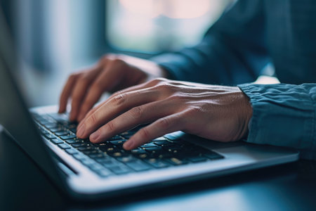 A close-up view of a person intensively typing on a laptop keyboard ...