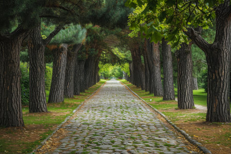 A straight cobblestone path traverses through a park, bordered by tall ...